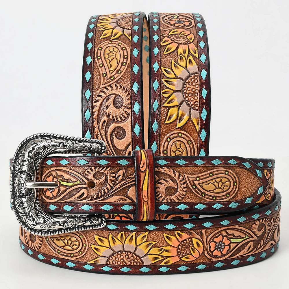 Sunflower Buck Stitch Hand Tooled Leather Belt - Shop Dodi Jo's